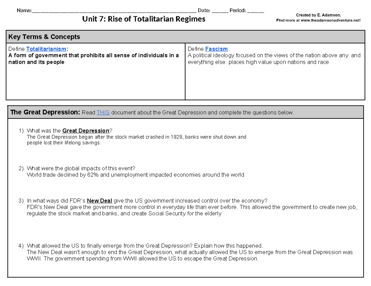 Copy of Copy of Unit 7 Rise of Totalitarian Regimes Student Handout ...