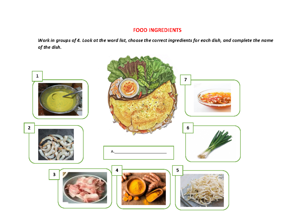 Food ingredients activity for group work and dish naming - Studocu