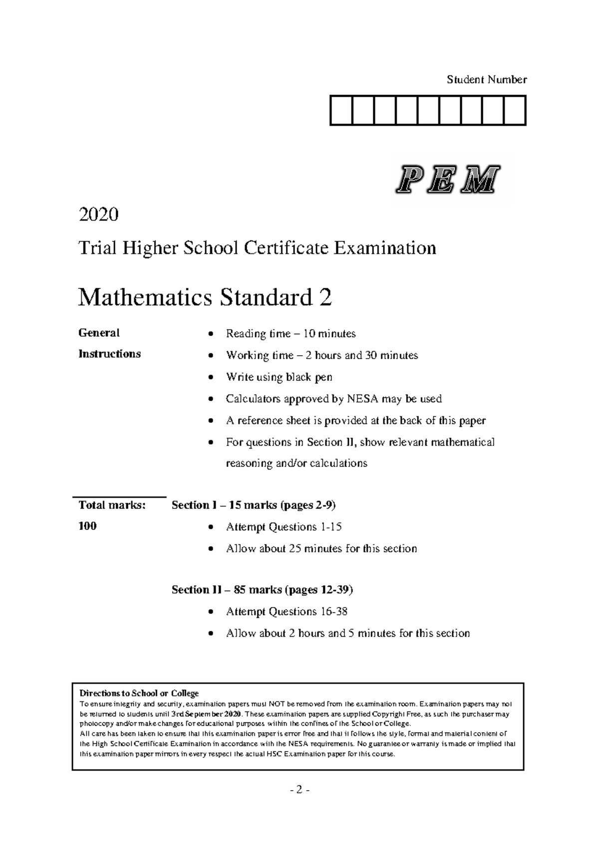 PEM 2020 HSC Trial Mathematics Standard 2 Exam Paper - Studocu