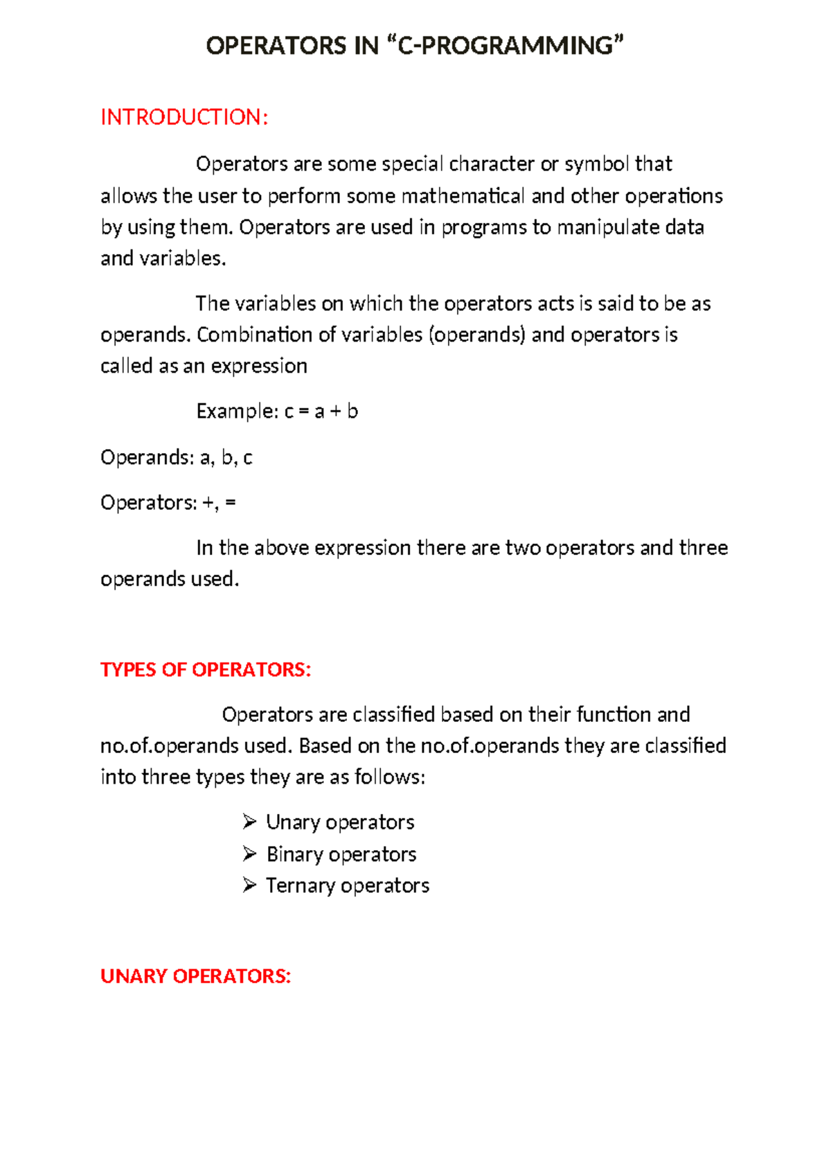 C Programming Operators Overview: Types and Functions - Studocu