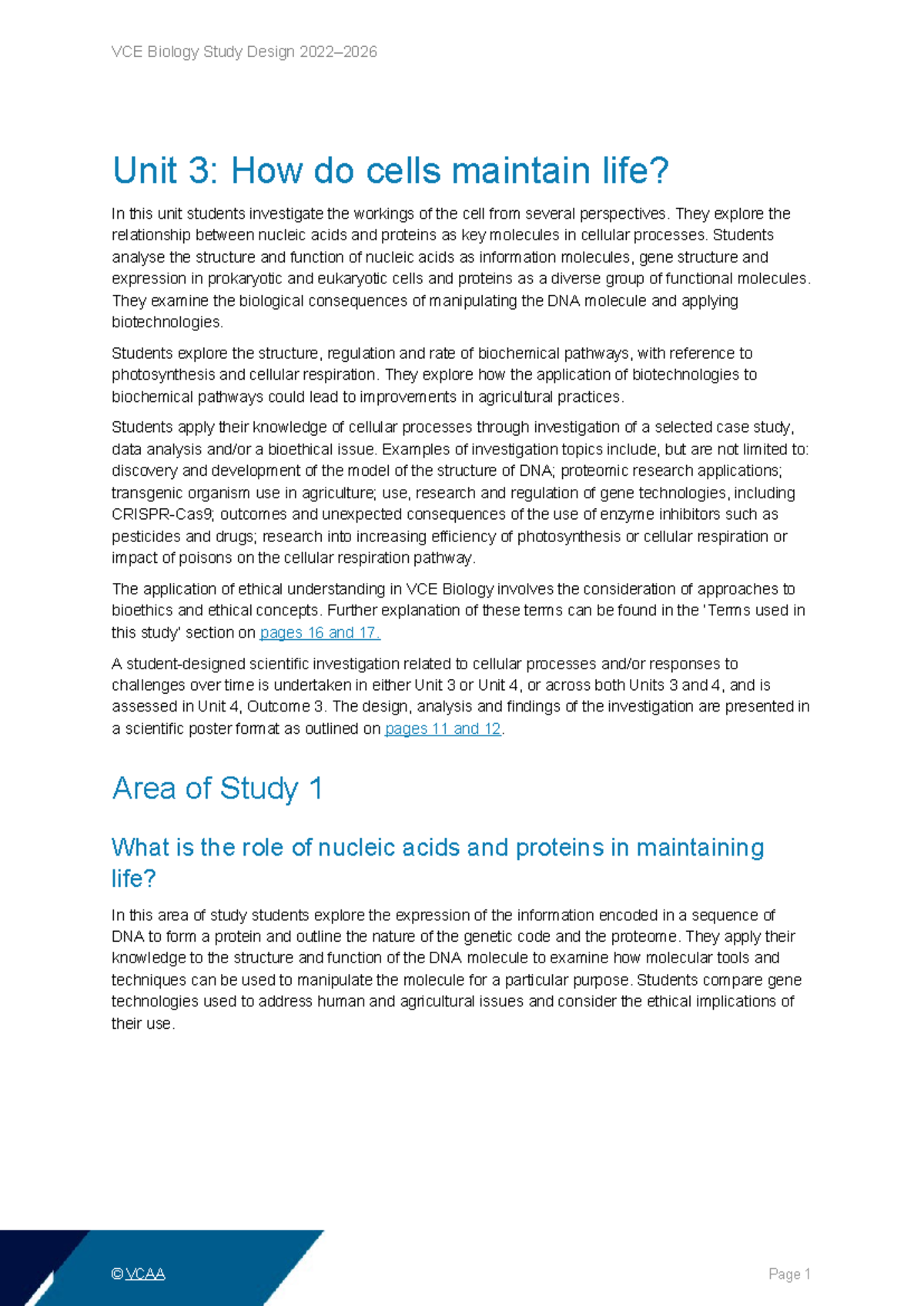 VCE Biology Study Design Units 3 & 4: Cellular Processes & Life ...