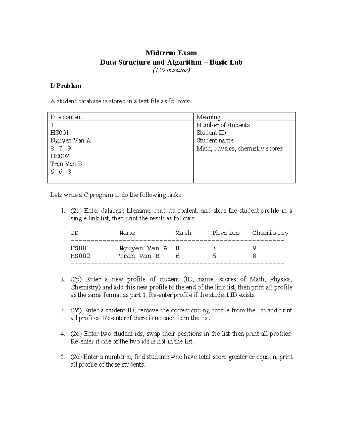 Midterm Exam DSA: Student Database C Program Implementation - Studocu