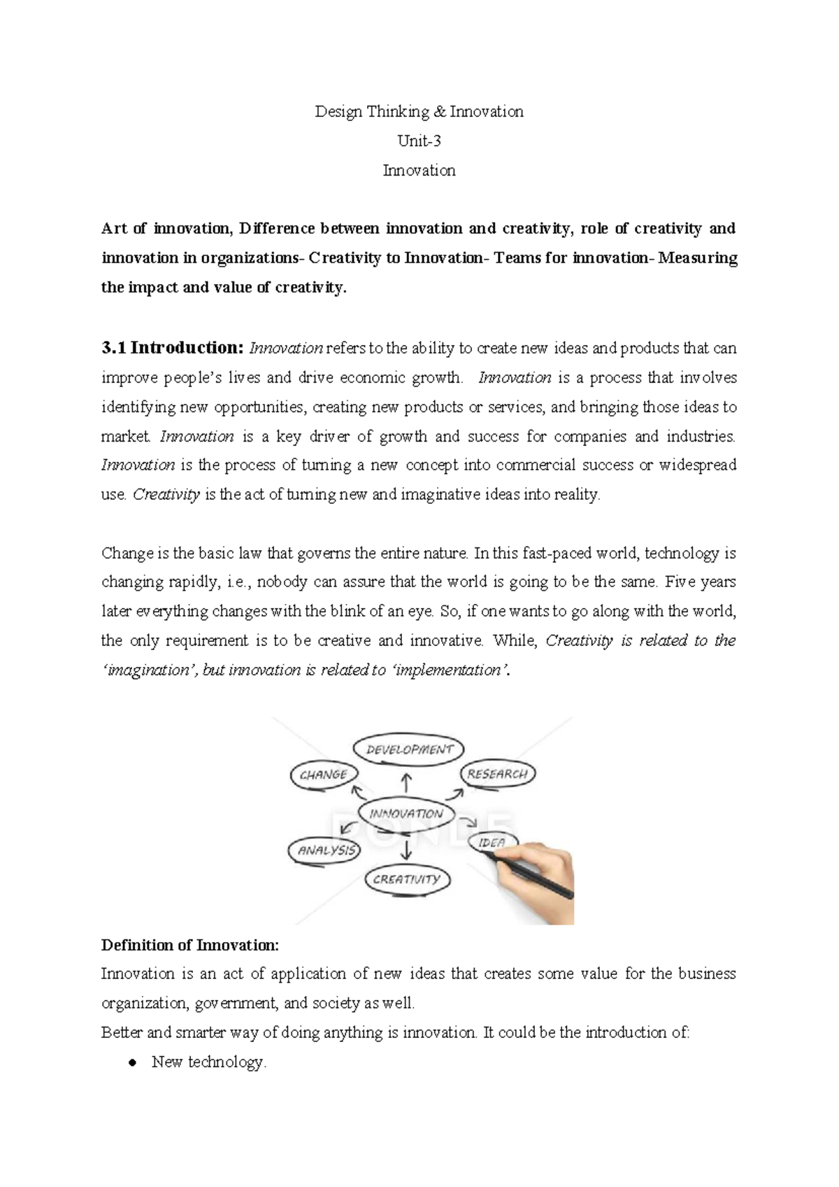 Unit 3 DTI Innovation - Lecture Notes on Creativity & Innovation - Studocu