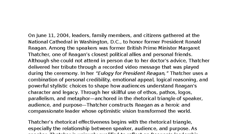 Rhetorical Analysis of Margaret Thatcher's Eulogy for Ronald Reagan ...