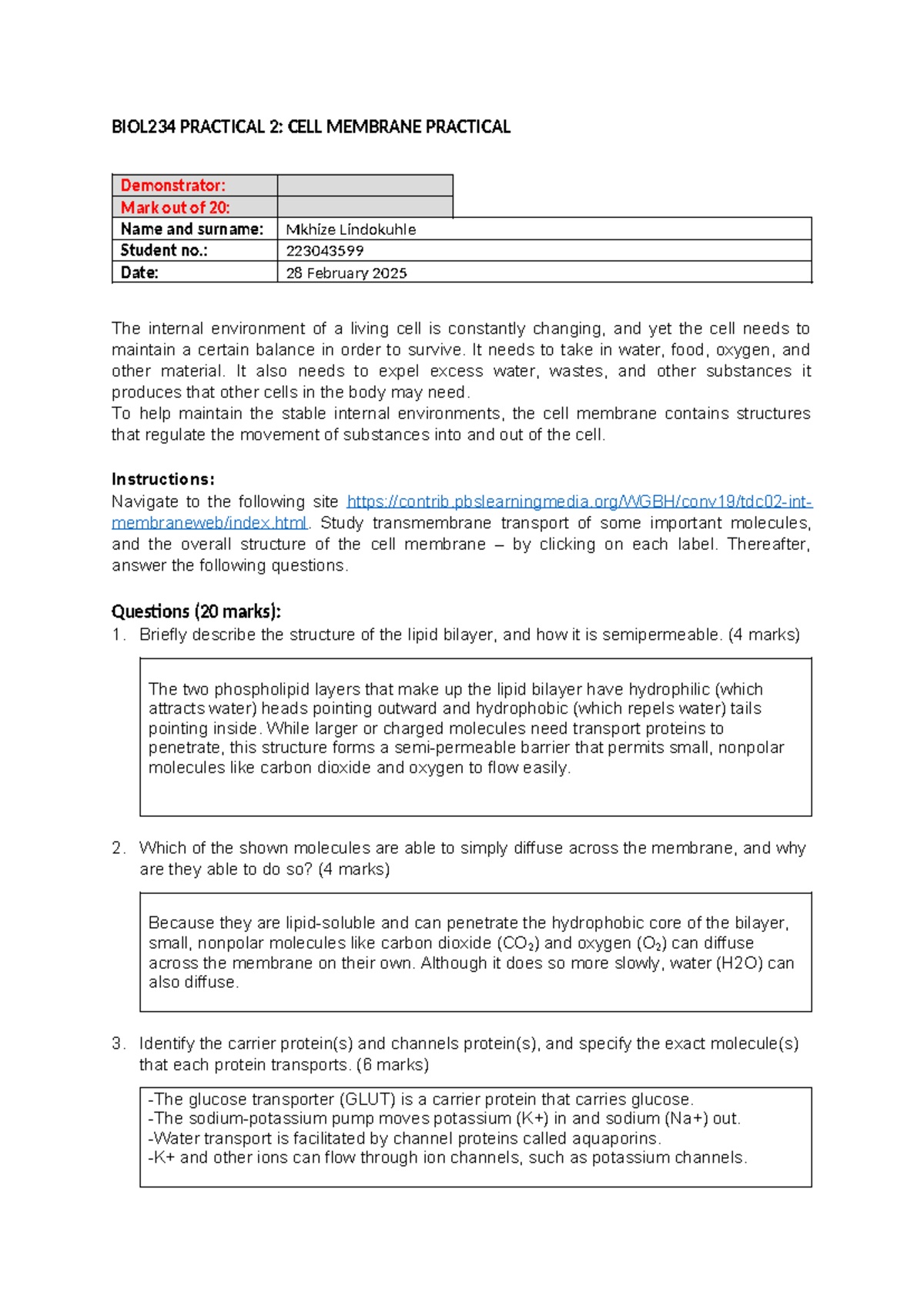 BIOL234 practica 2 - BIOL234 PRACTICAL 2: CELL MEMBRANE PRACTICAL ...