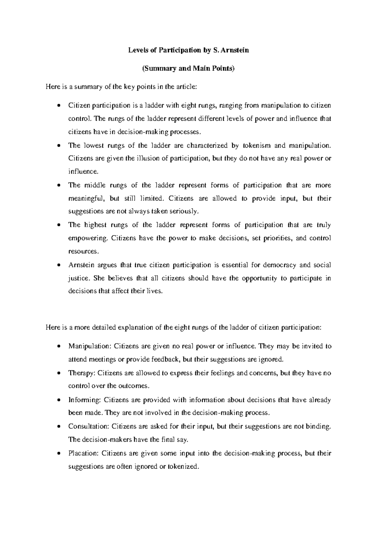 Levels of Participation: Summary of Arnstein's Key Points - Studocu