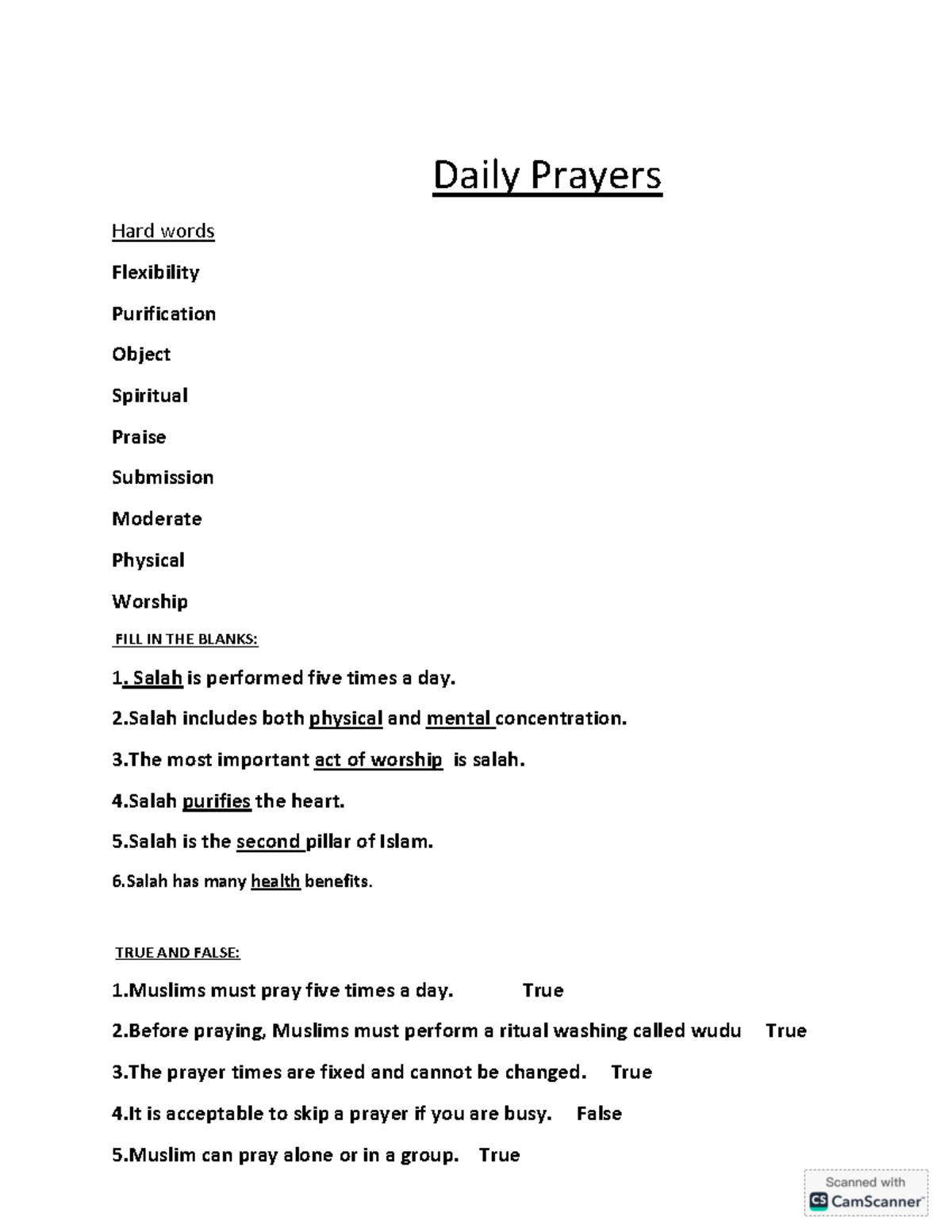 Daily Prayers: Grade 5 Study Notes on Salah and Worship - Studocu