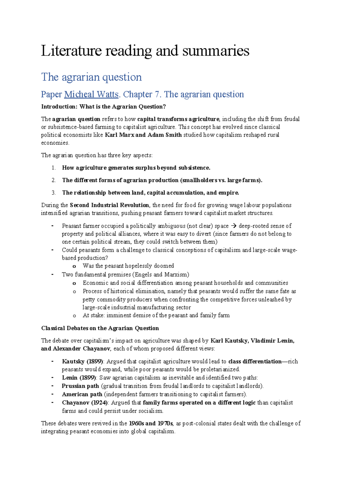 Literature Summaries for RSO30806: The Agrarian Question by Michael ...