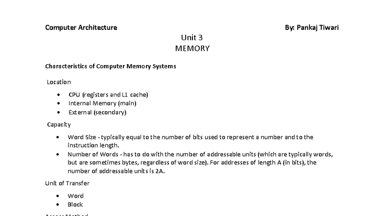 Computer Architecture CA3 - Unit 3: Memory Characteristics and Hierarchy - Studocu