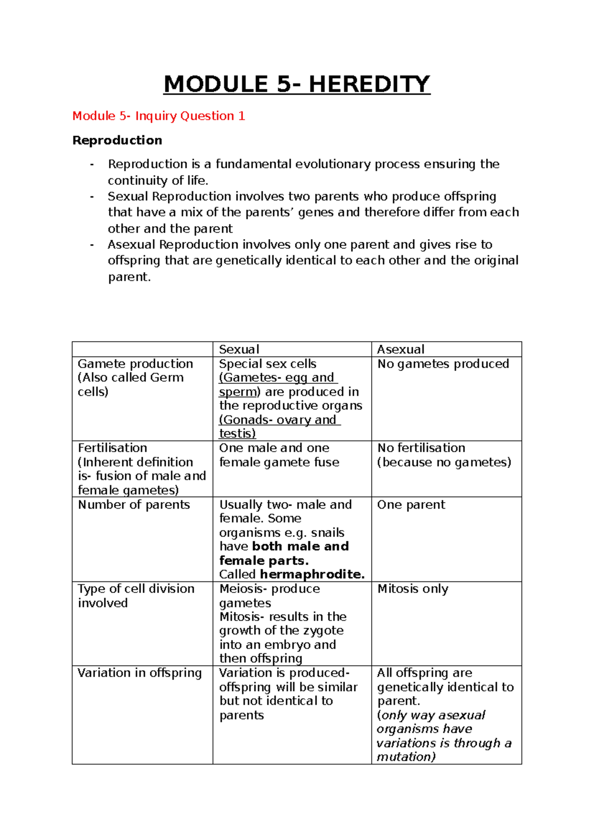 Module 5 - Heredity: Reproduction and Gamete Formation Notes - Studocu