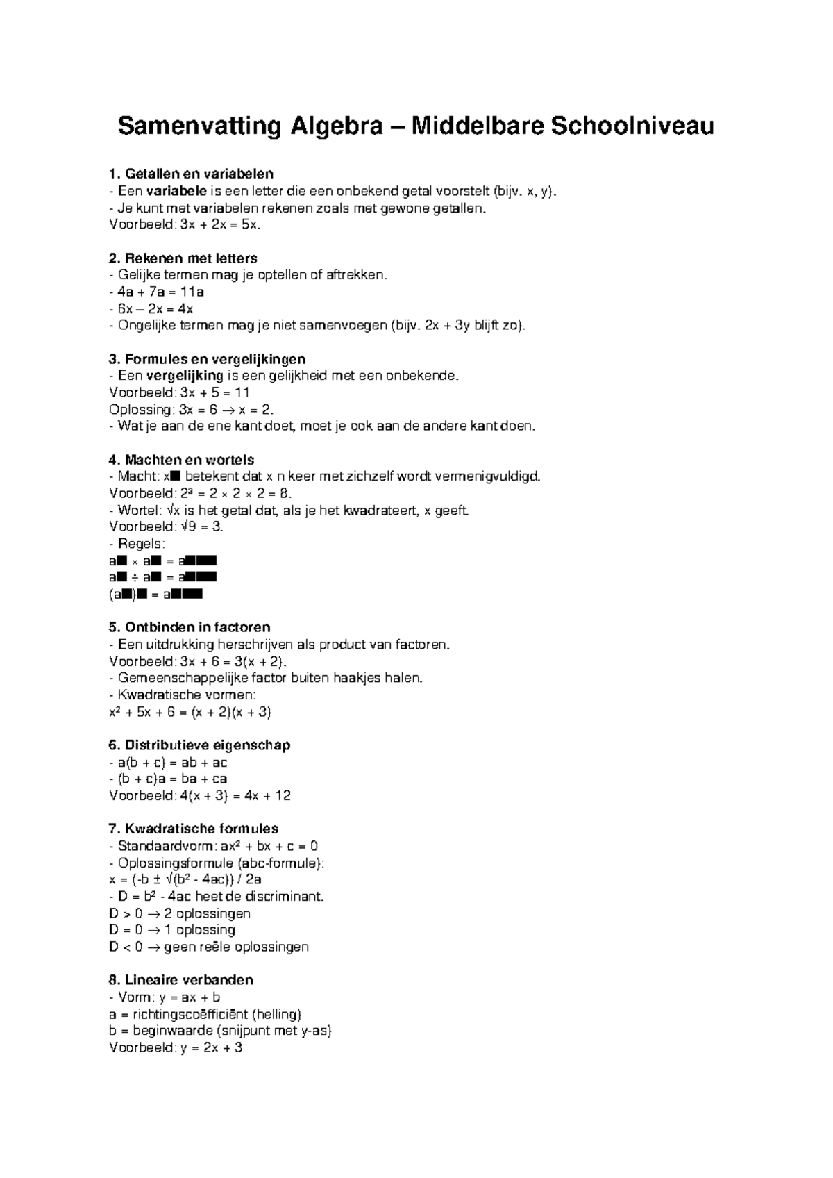 Samenvatting Algebra Middelbare Schoolniveau 1: Getallen en Formules ...