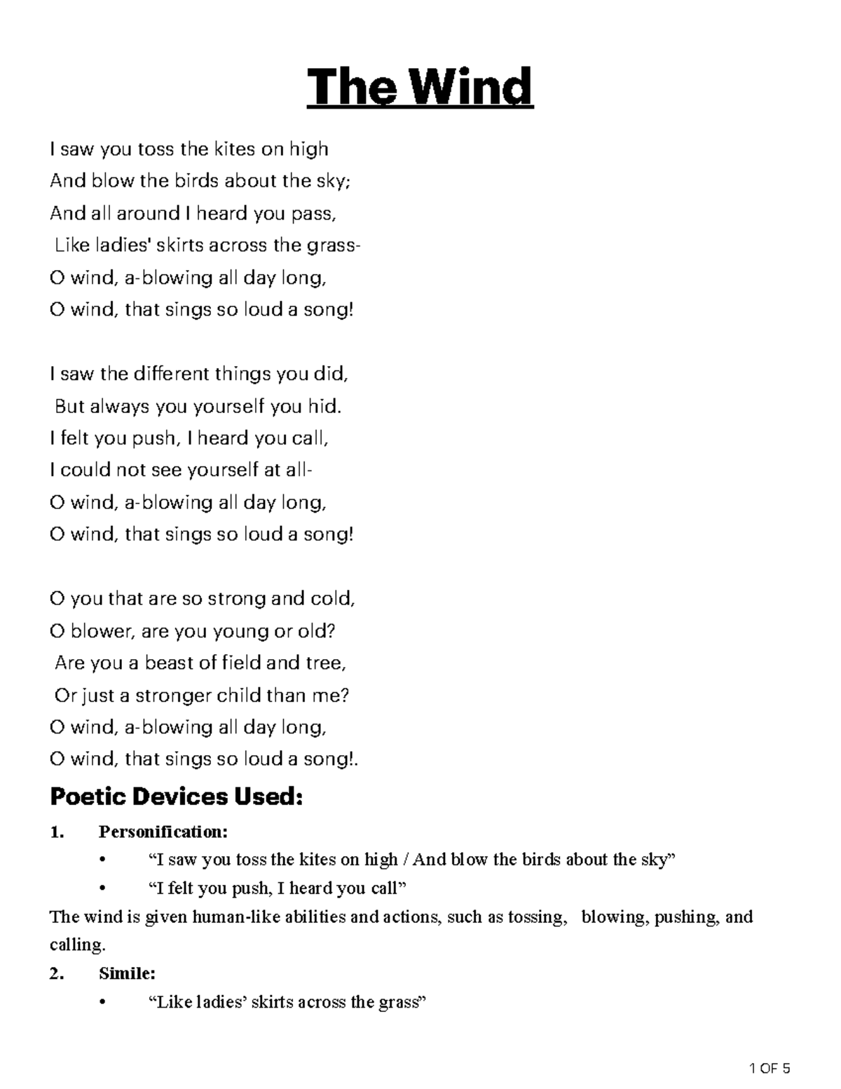Poem The Wind Notes - Credit - The Wind I saw you toss the kites on ...
