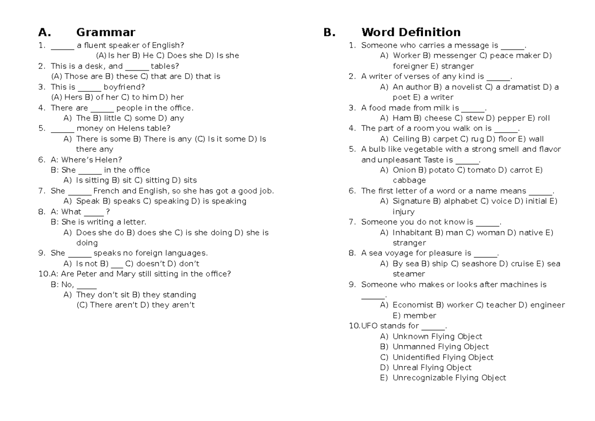 Test - practice material. Basic English for grade 7 - A. Grammar 1 ...
