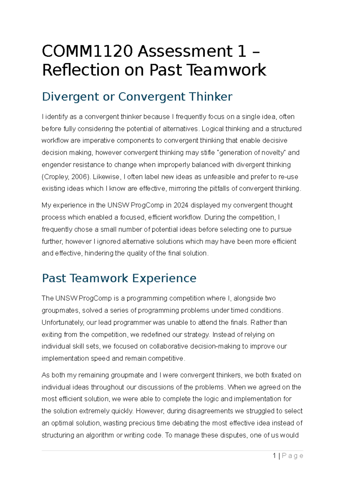 COMM1120 Assessment 1 Reflection: Balancing Convergent & Divergent ...