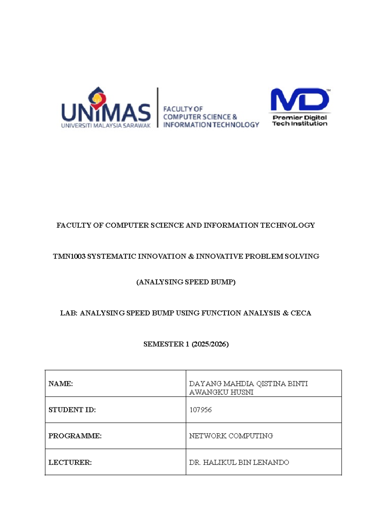 TMN1003 Lab: Analyzing Speed Bump Using Function Analysis - Studocu