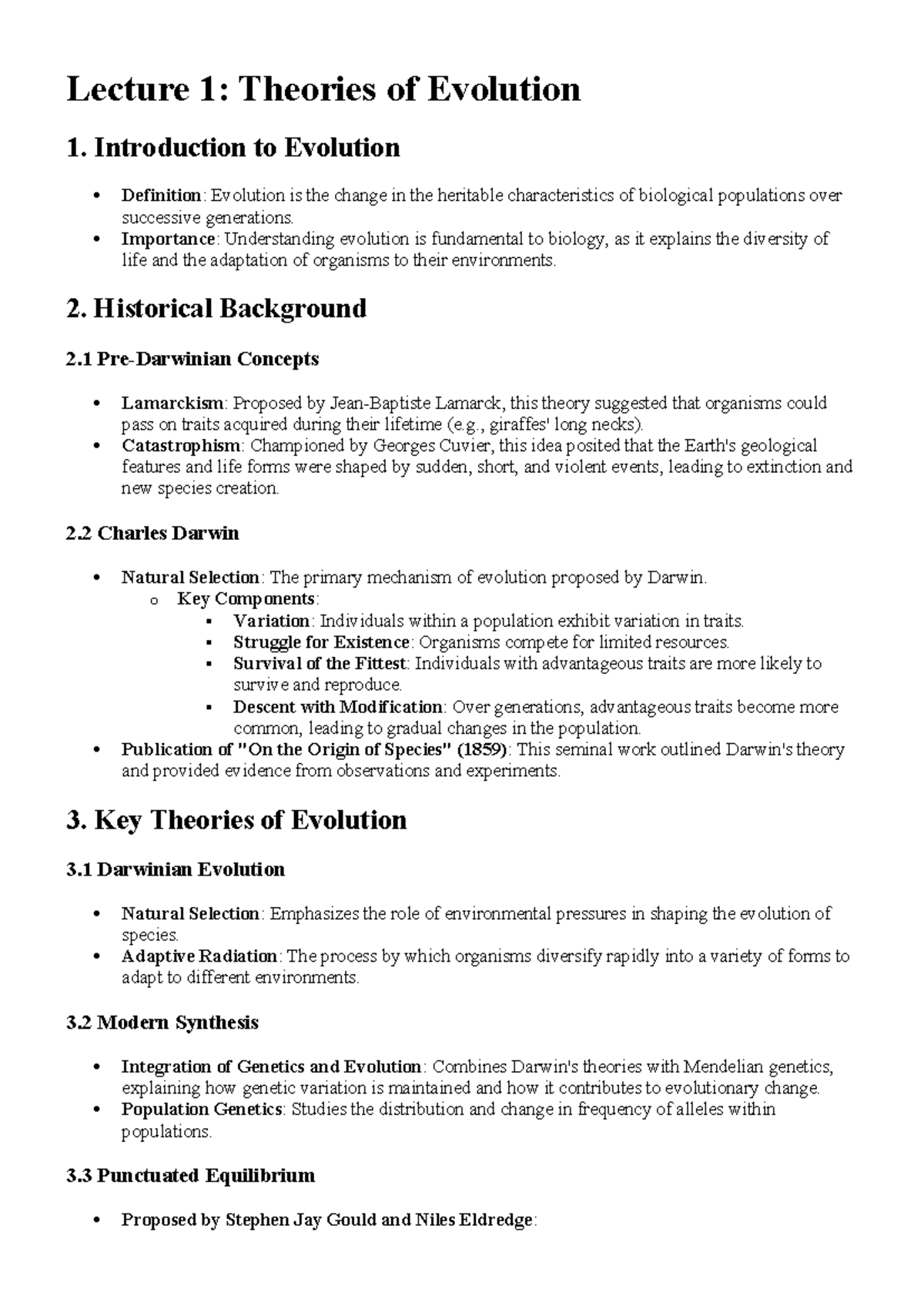 Lecture 1: Theories of Evolution and Key Concepts - Studocu
