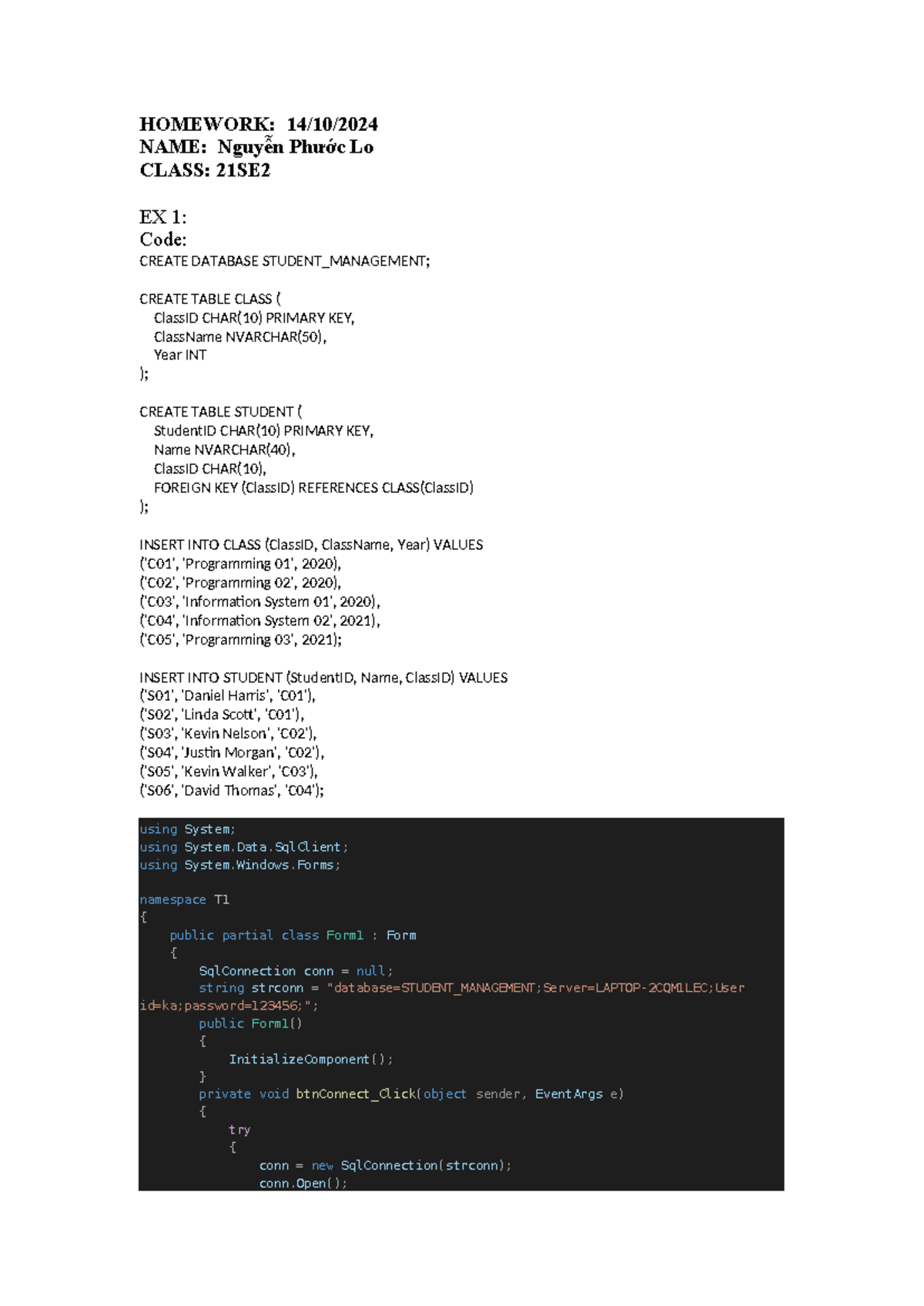 LAB 4: Database Connection in C# for Class 21SE2 - Studocu