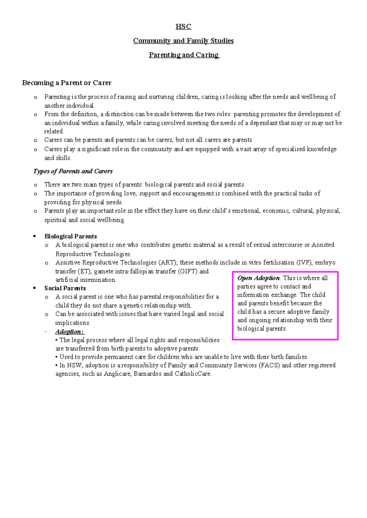 Parenting AND Caring EXAM Notes - HSC Community and Family Studies ...