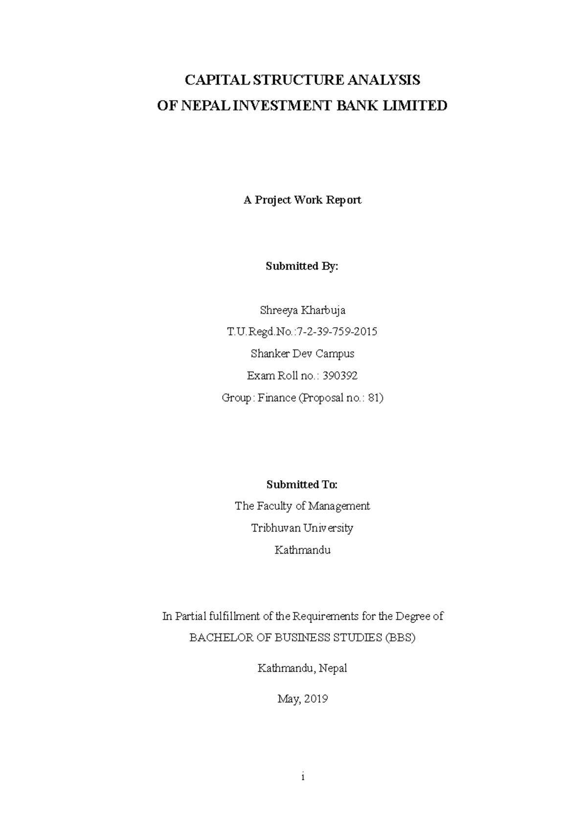 BBS 4th Year - Final Report: Capital Structure Analysis of NIBL - Studocu