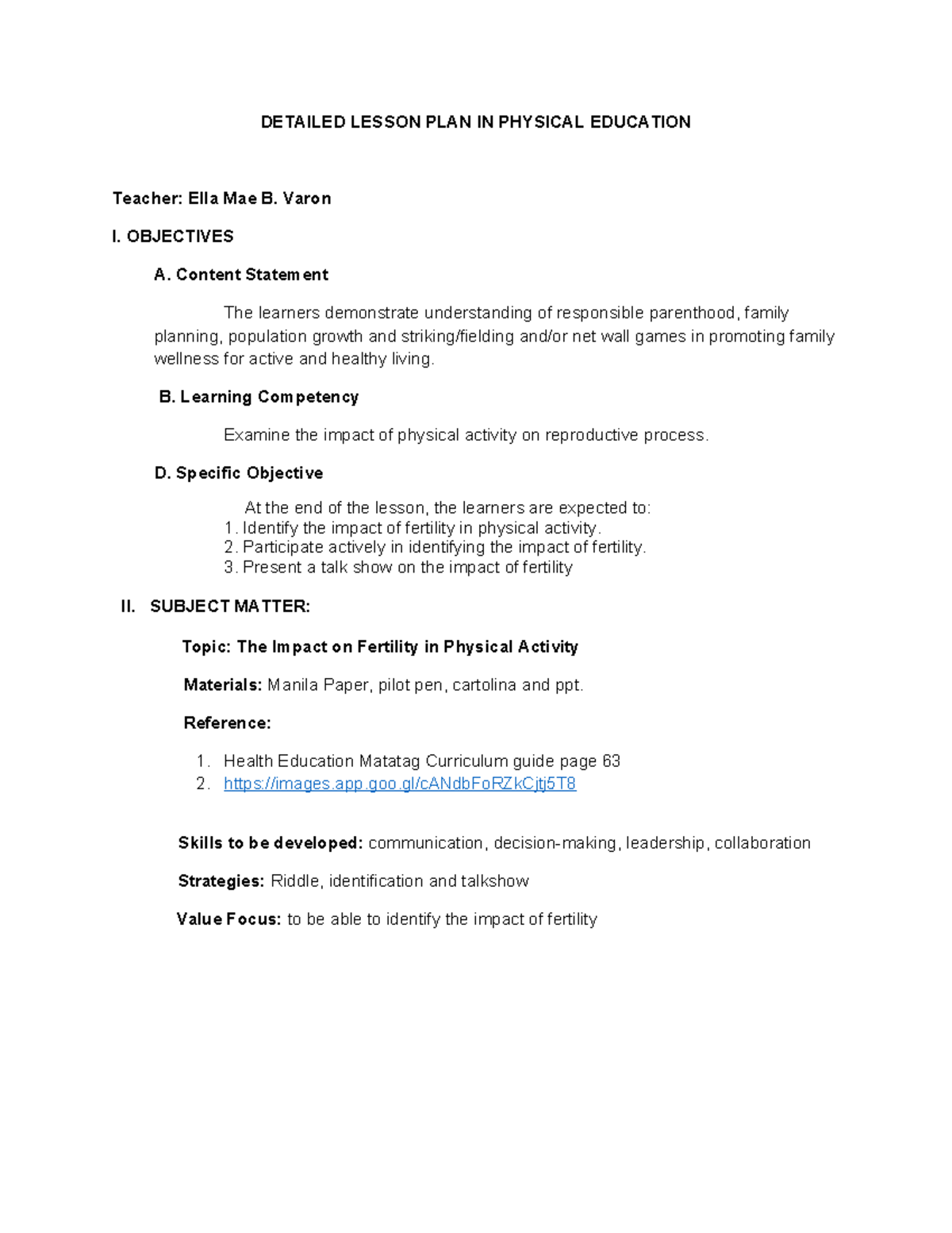 Detailed Lesson Plan on Fertility's Impact in Phys Ed (HEALTH) - Studocu