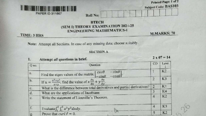 BTECH (SEM I) Theory Exam: Engineering Mathematics Paper - Studocu