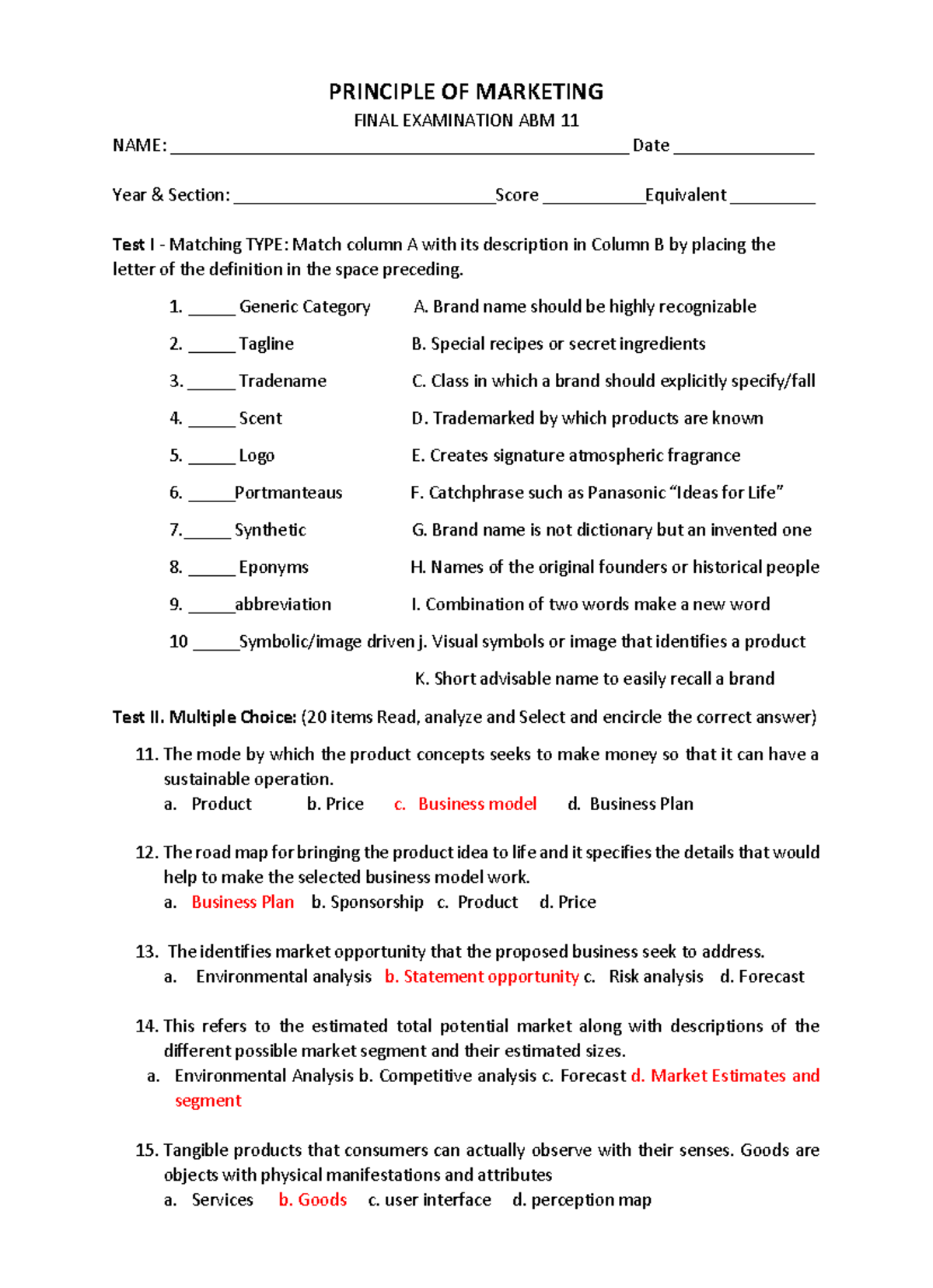 ABM 11 Principles of Marketing Final Exam Review Notes - Studocu