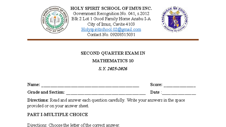 Mathematics 10 Second Quarter Exam Sample Test Questions - Studocu