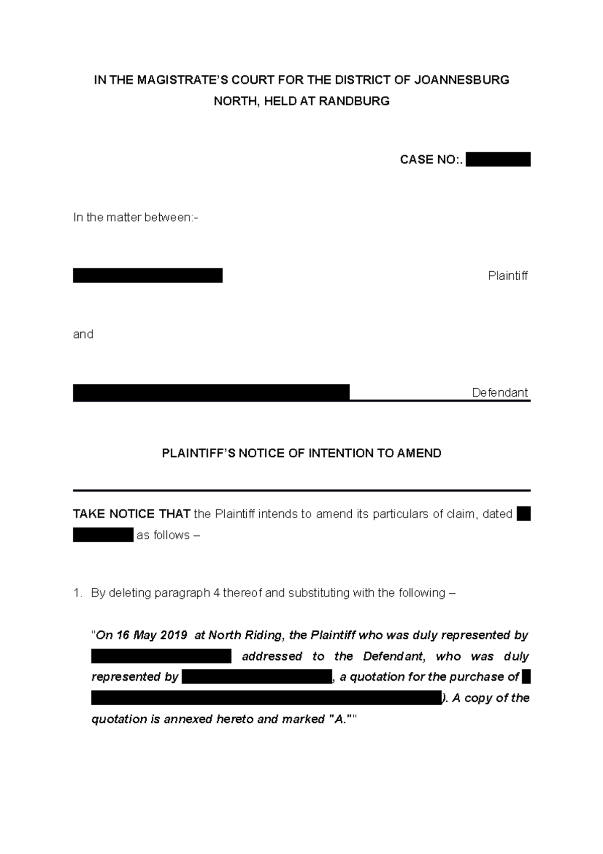 Notice of Intention to Amend - Case No. 17568/ - Syam Distributors ...