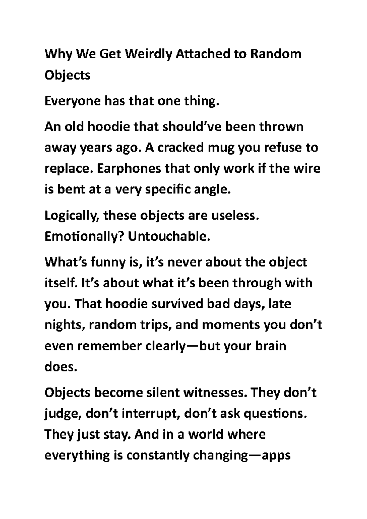 The Emotional Attachment to Everyday Objects: A Reflection - Studocu