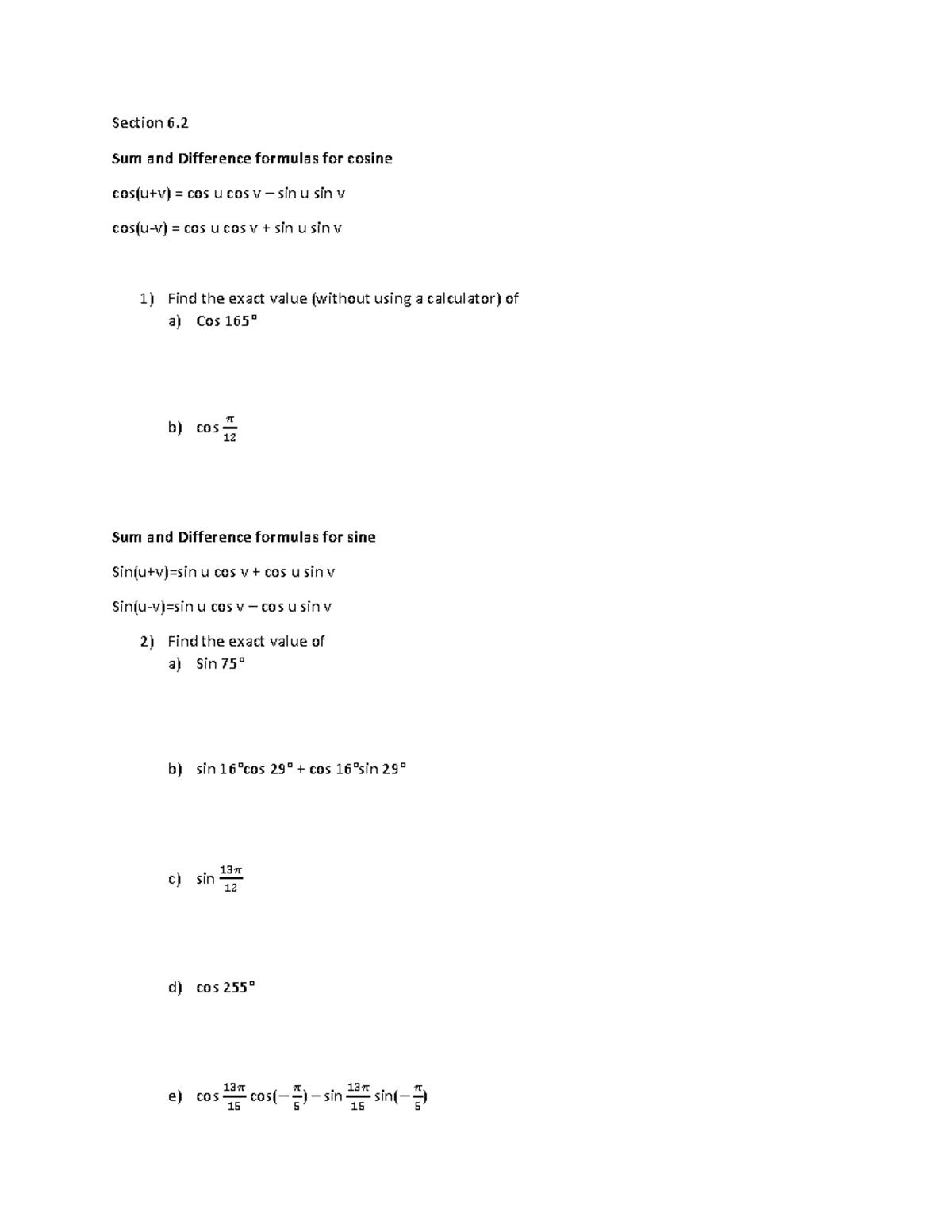 Trigonometric Functions: Sum & Difference Formulas (Math 101) - Studocu
