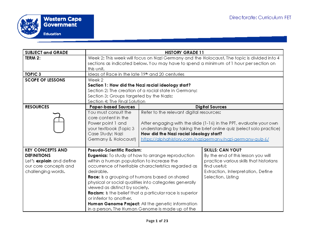 FET T2 Week 2: Grade 11 History - Nazi Germany & Holocaust Overview - Studocu