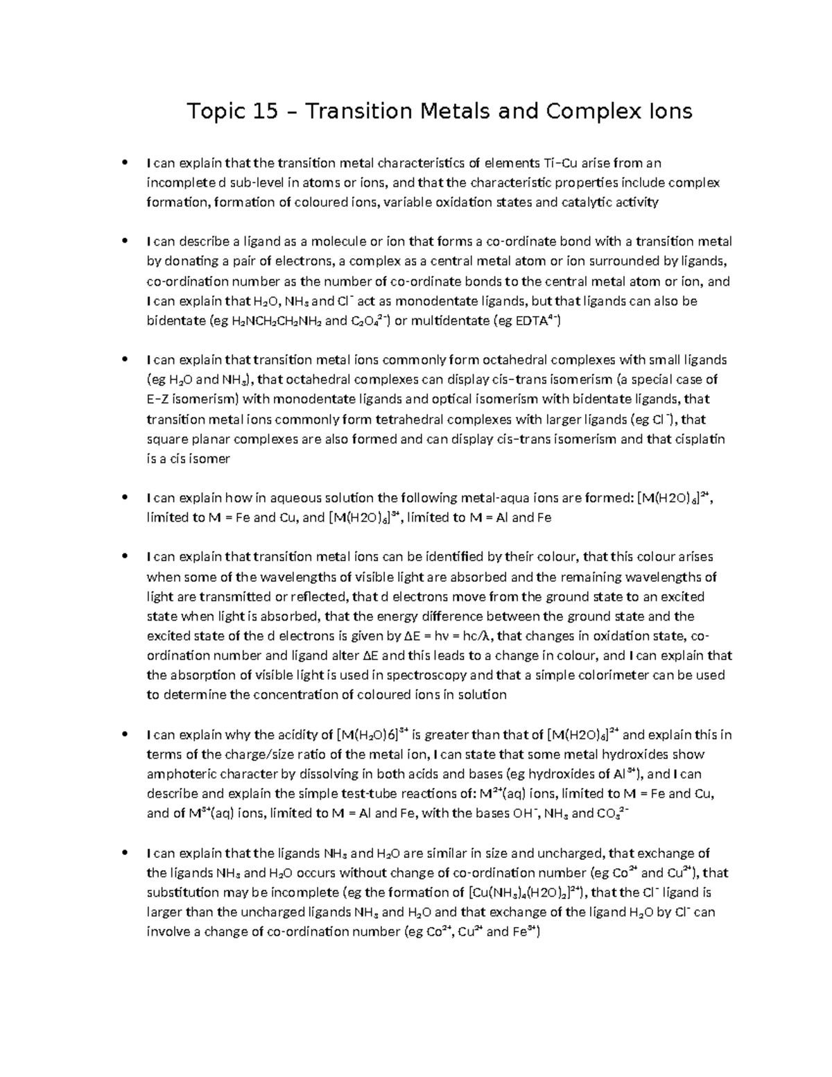 Topic 15 - Transition Metals & Complex Ions Overview and Key Concepts ...