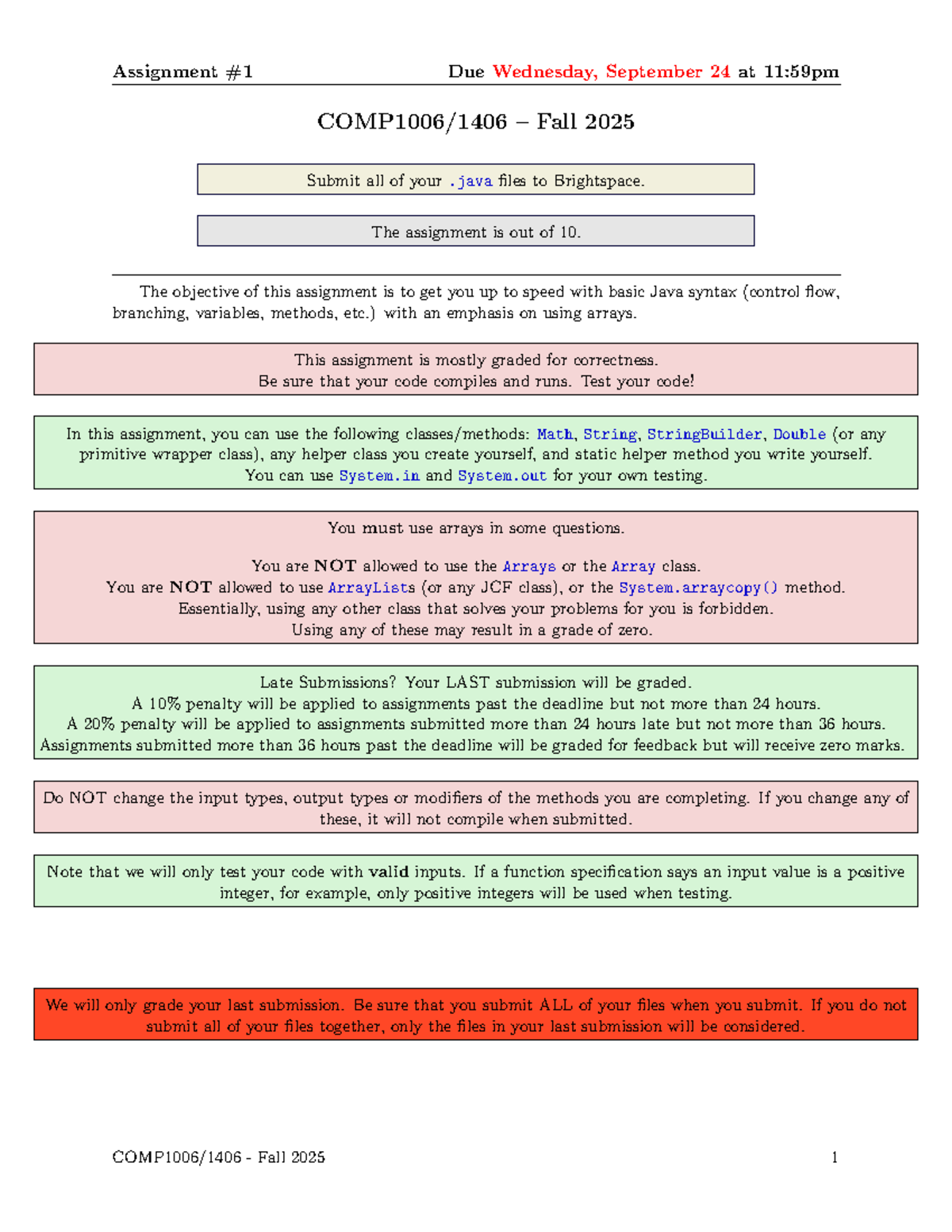 A1-F25: Fall 2025 Assignment 1 - Java Syntax & Arrays Instructions - Studocu