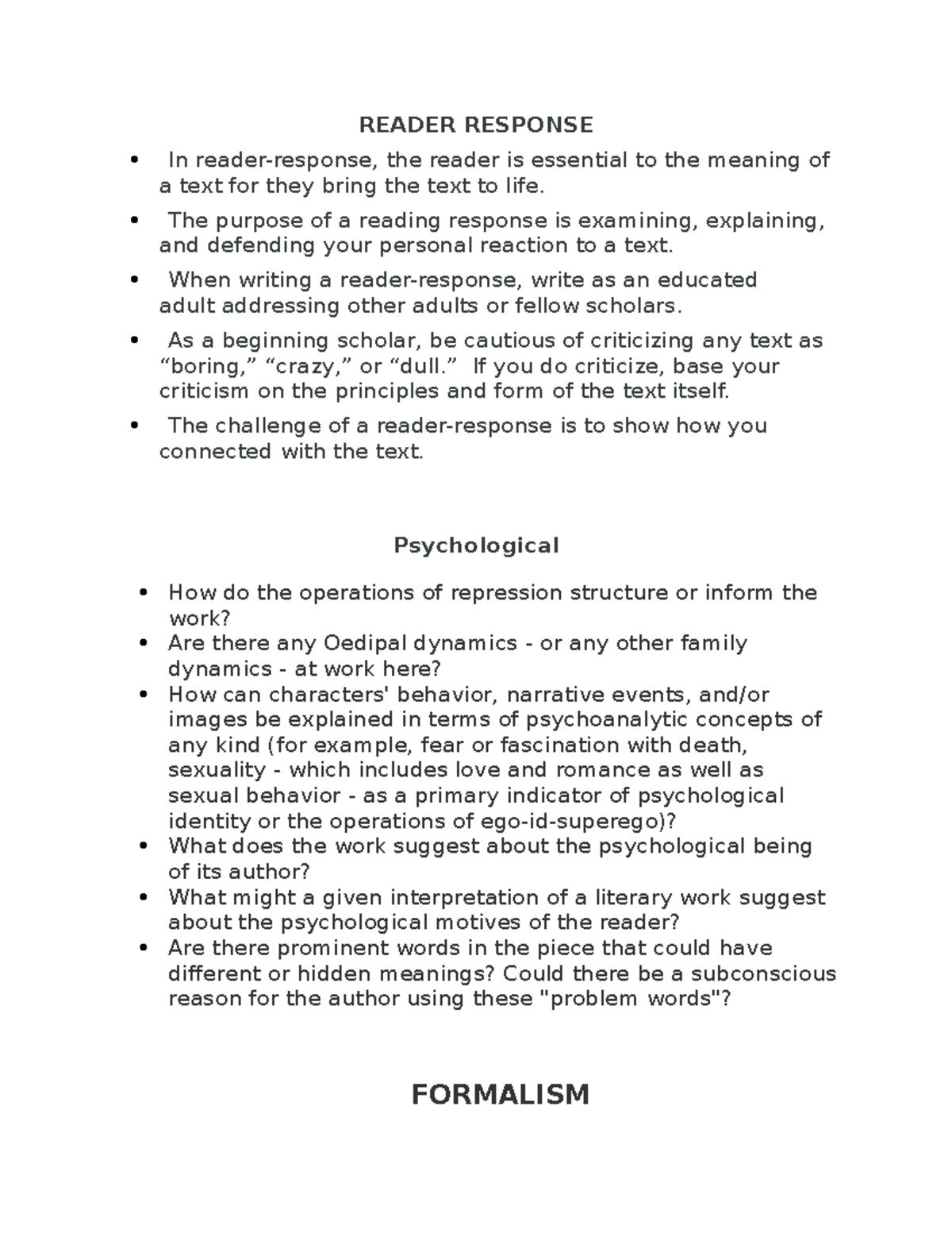 Sample Types OF Criticism - READER RESPONSE In reader-response, the ...