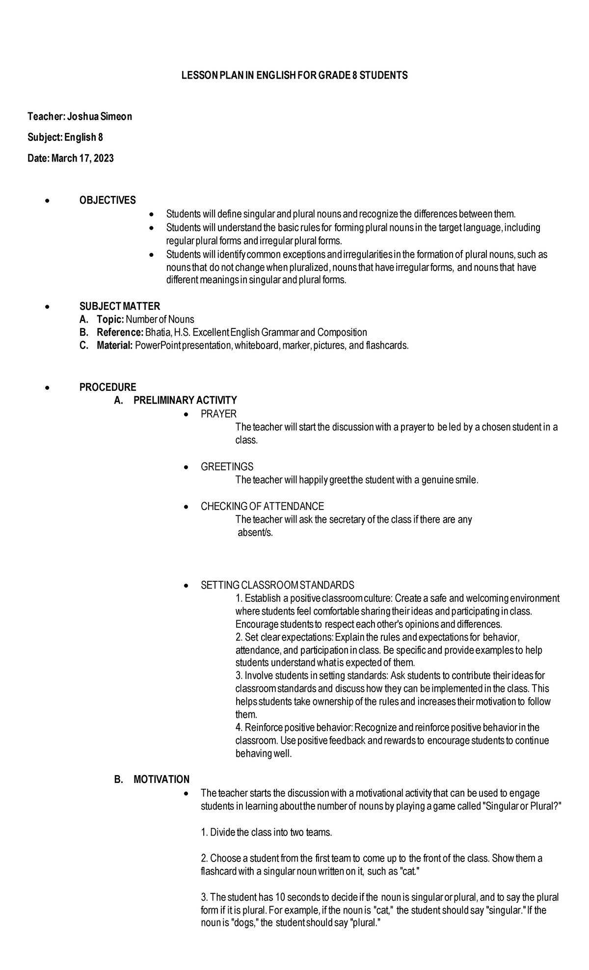 Lesson Plan for English 8: Understanding Singular & Plural Nouns - Studocu