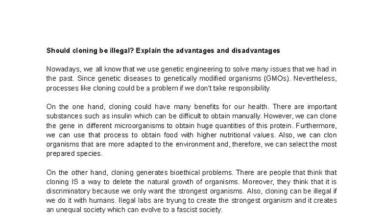 C1-3 Essay: The Pros and Cons of Cloning and Genetic Engineering - Studocu