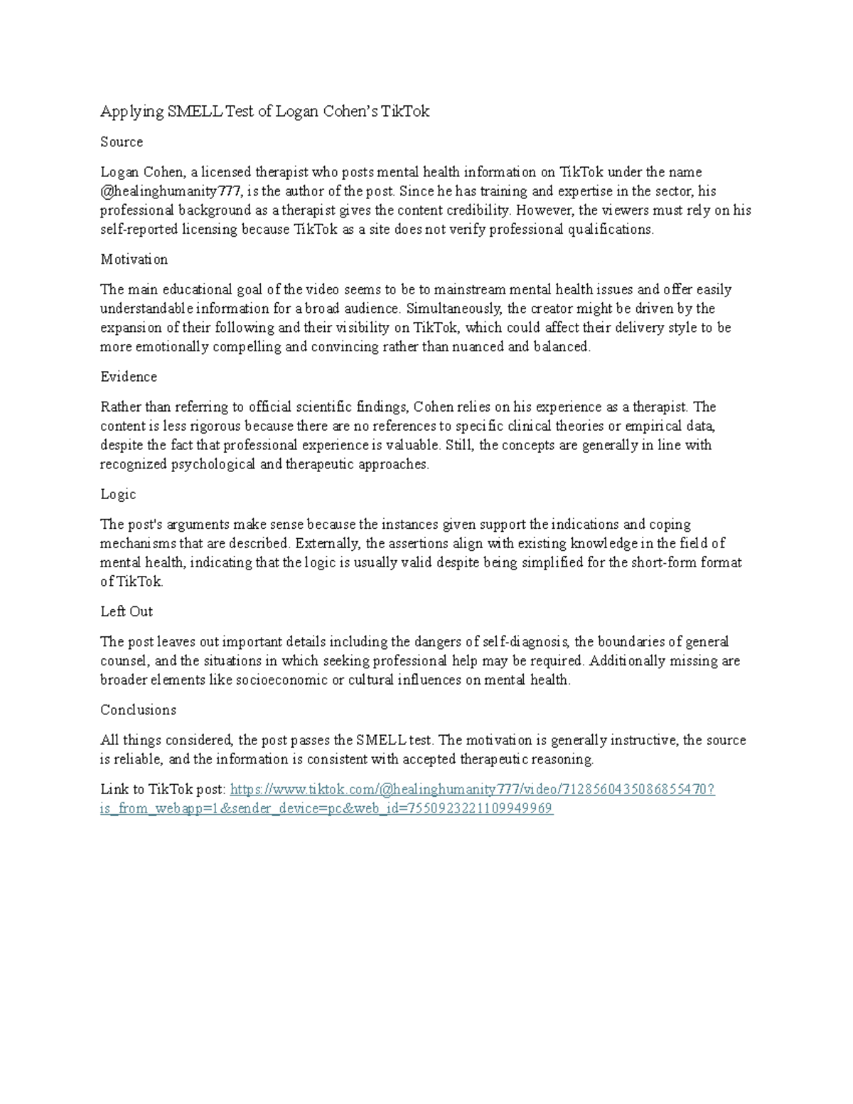 Applying the SMELL Test to Logan Cohen's TikTok Mental Health Post ...