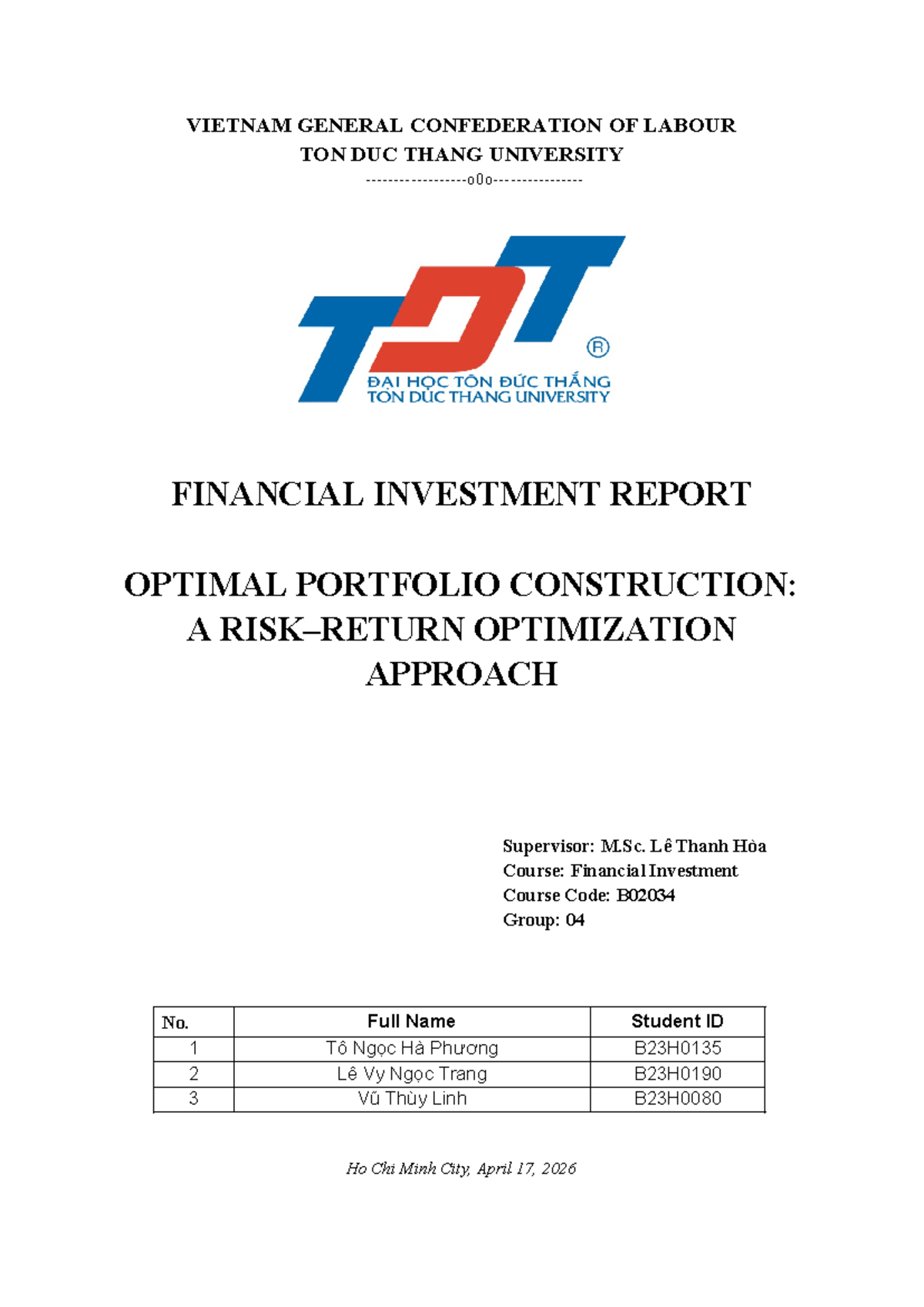 B02034 Financial Investment Course Final Report: Optimal Portfolio ...