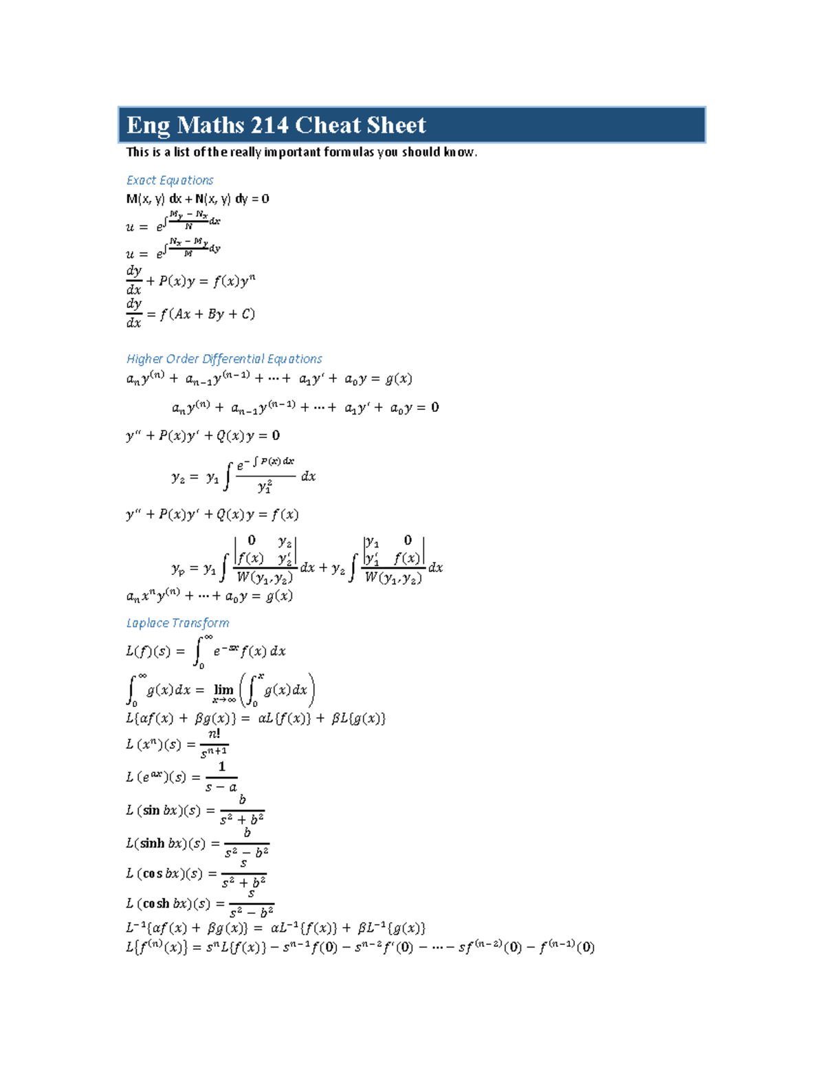 Eng Maths 214 Essential Formulas Cheat Sheet for Quick Reference - Studocu
