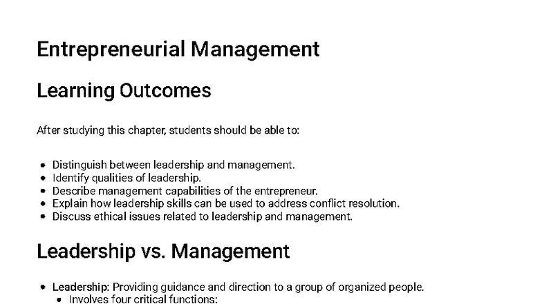 Entrepreneurial Management & Leadership: Key Learning Outcomes - Studocu