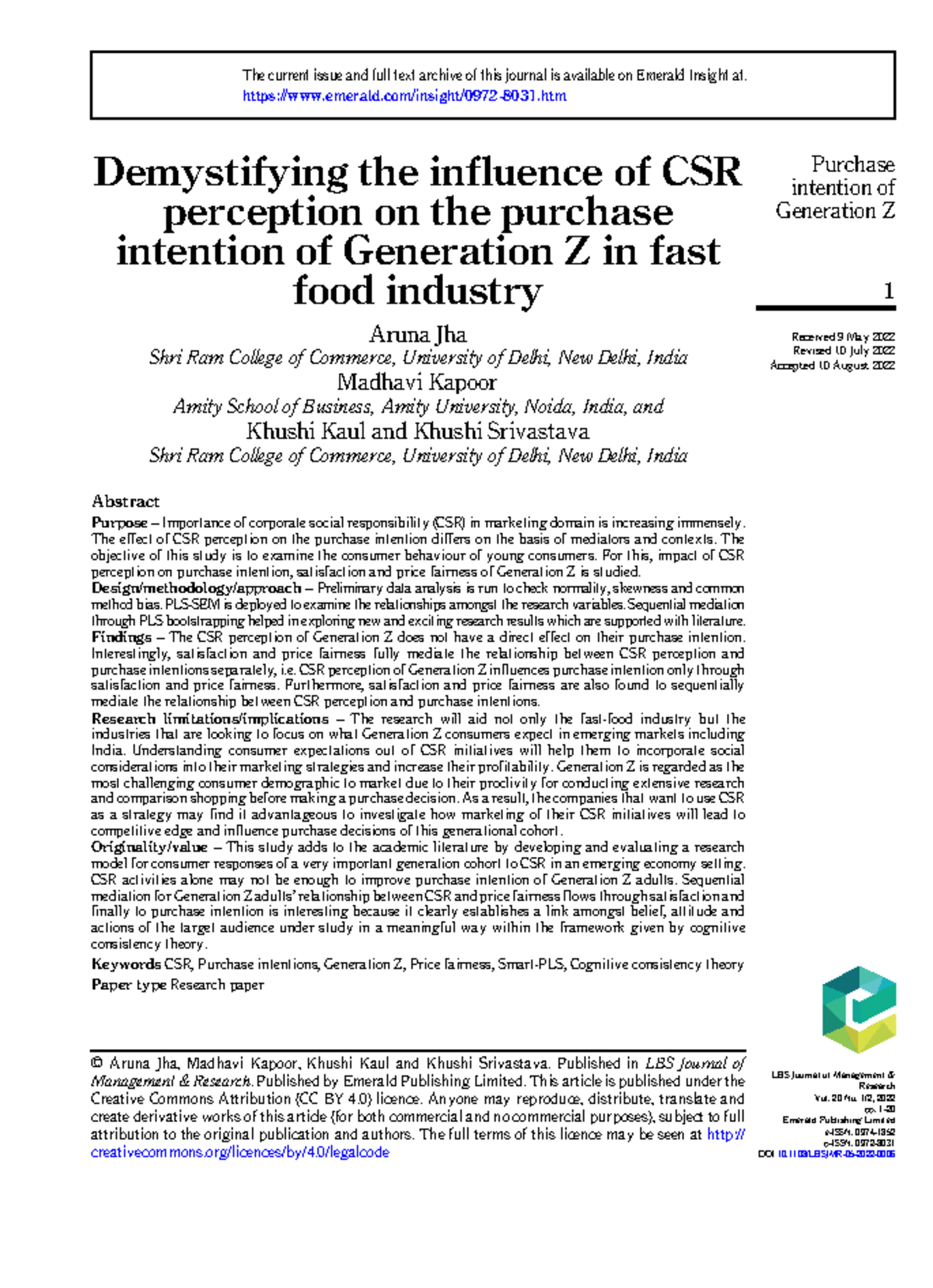 CSR Perception and Purchase Intention of Generation Z in Fast Food ...