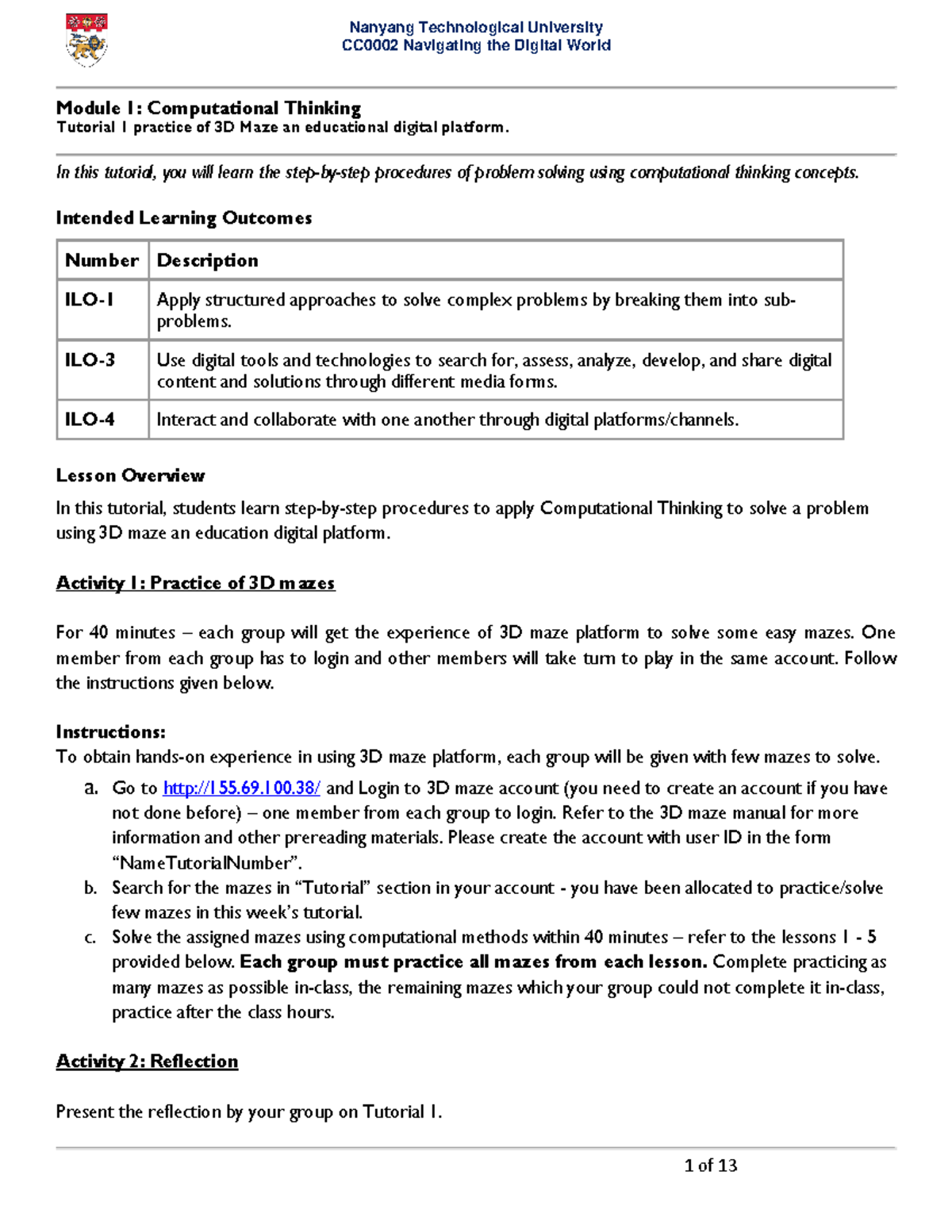Tutorial 1 - 3D Maze (Students) - CC0002 Navigating the Digital World ...