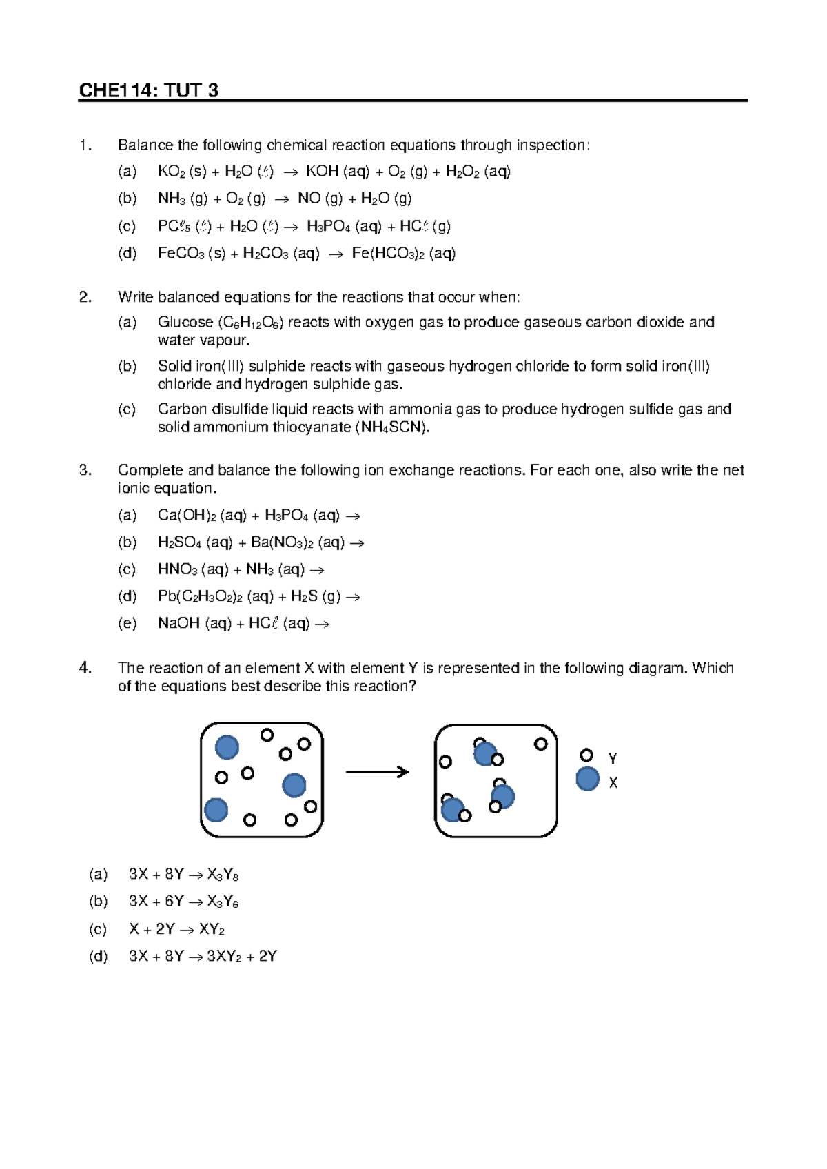 CHE114: Tutorial 3 - Balancing Chemical Reactions and Equations - Studocu