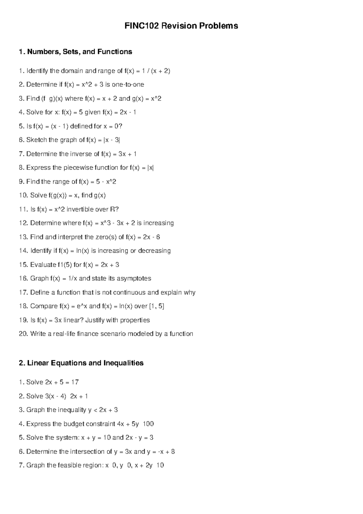FINC102 Revision Problems: Functions, Equations & Inequalities - Studocu