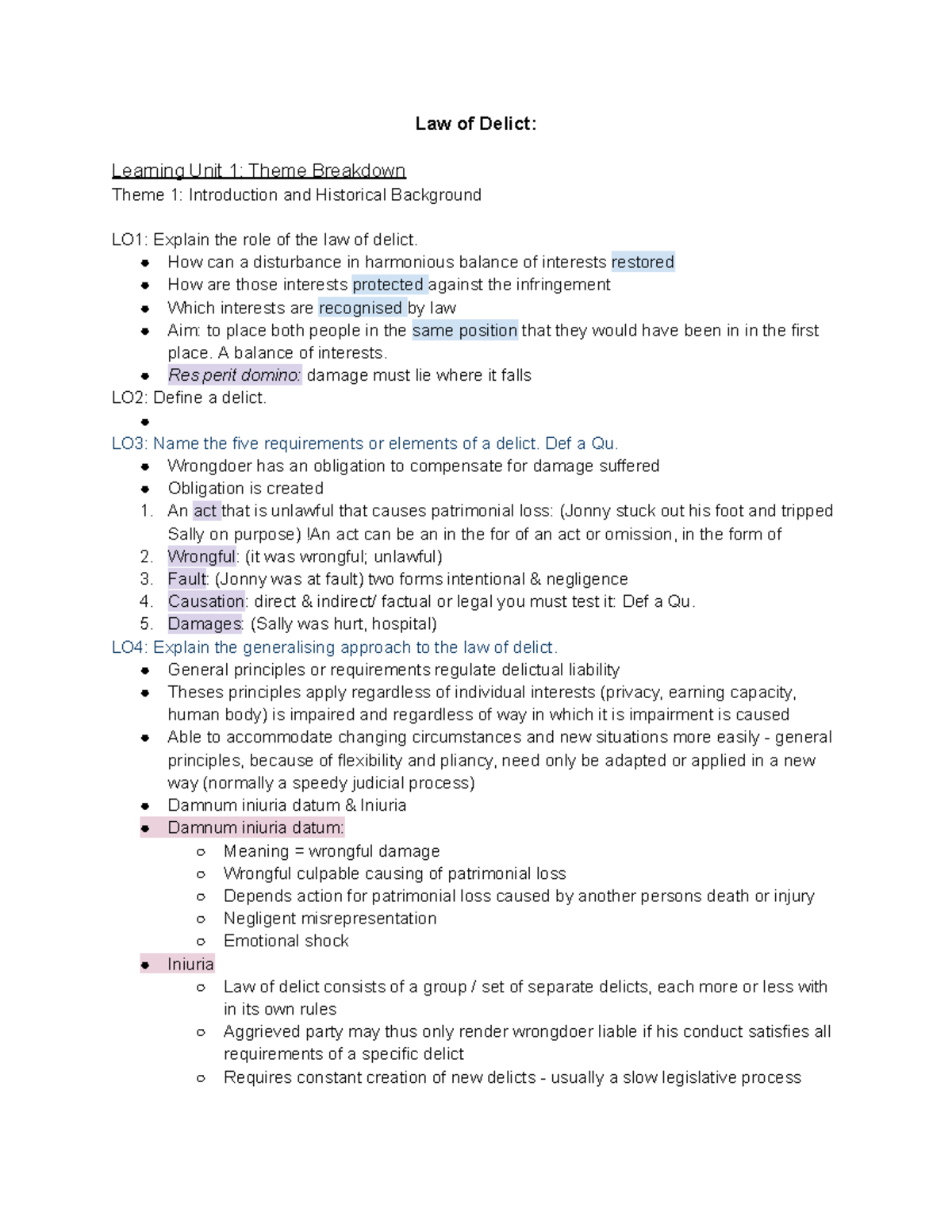 Law of Delict: Learning Unit 1 Summary and Theme Breakdown - Studocu