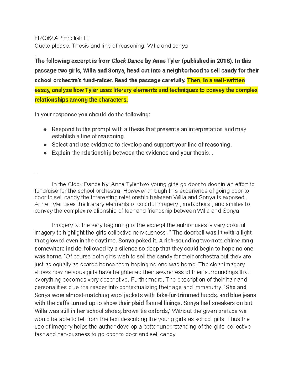 FRQ#2 AP English Lit - Analysis of Willa and Sonya's Relationship - Studocu