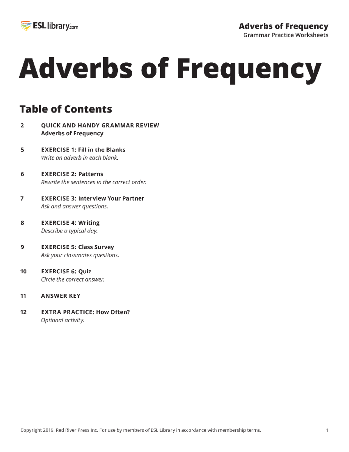 Adverbs of Frequency — ESL 1 Grammar Practice Worksheets - Studocu