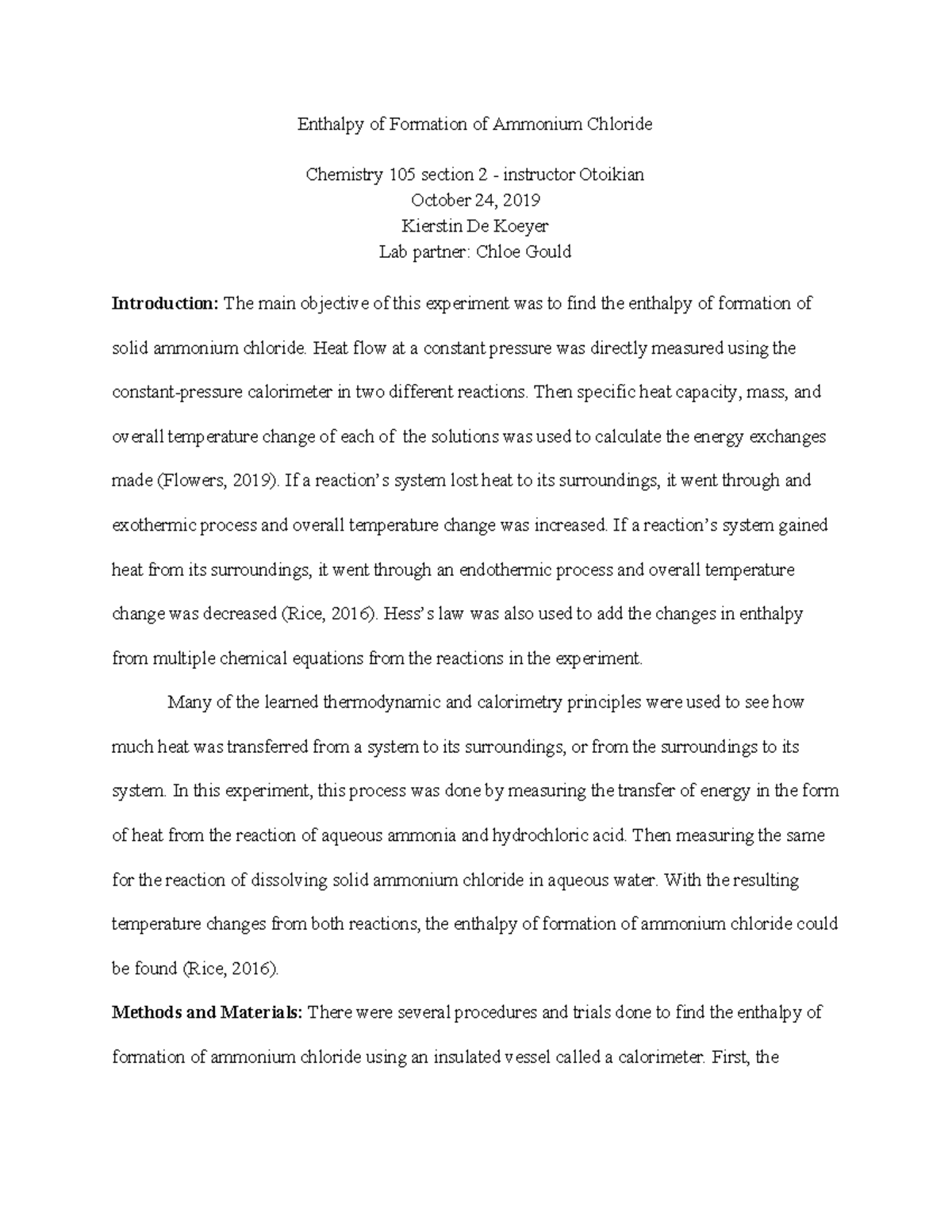Chemistry 105: Enthalpy of Formation Experiment of Ammonium Chloride ...