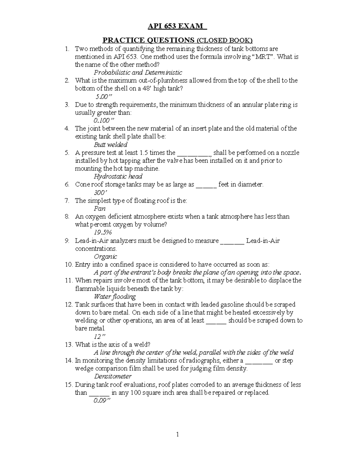 API 653 FINAL EXAM PRACTICE QUESTIONS (CLOSED BOOK) - Studocu