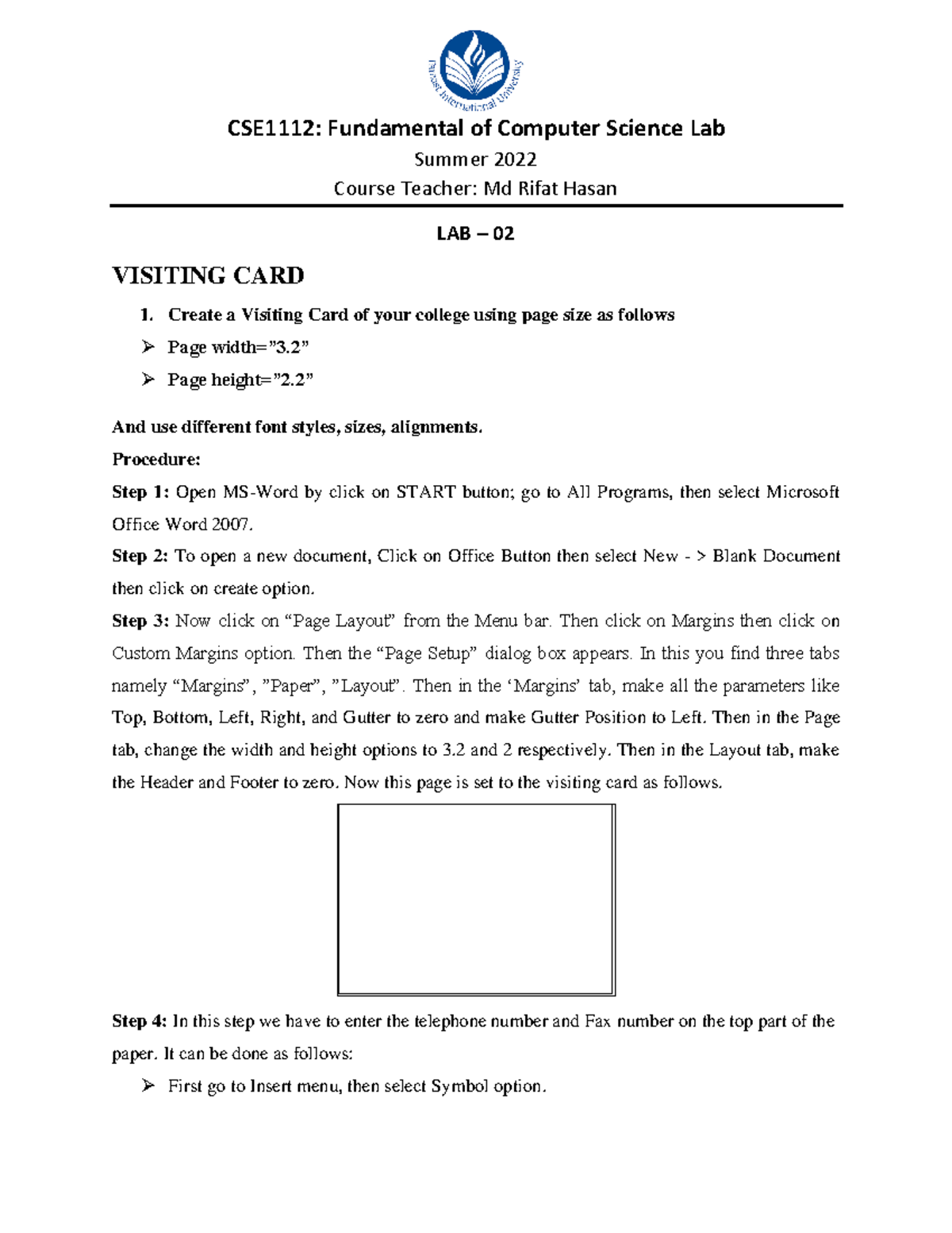 CSE1112 - Lab 02: MS Word Practical for Visiting & ID Card Design - Studocu